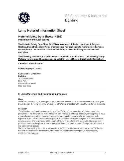 Lamp Material Information Sheet - General Electric - Consumer ...