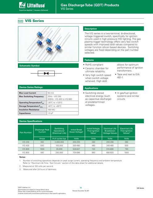 Gas Discharge Tube (GDT) Products VIS Series - Littelfuse Gas Discharge Tube (GDT) Products VIS Series - Littelfuse