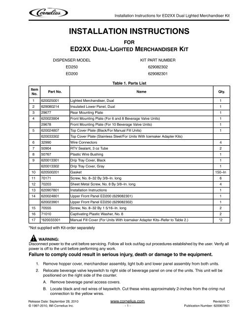 INSTALLATION INSTRUCTIONS - IMI Cornelius