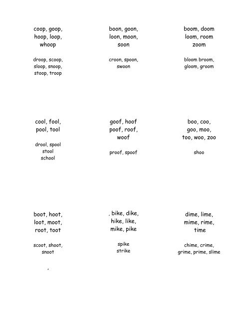 o (oe) ow oke ope ile ote