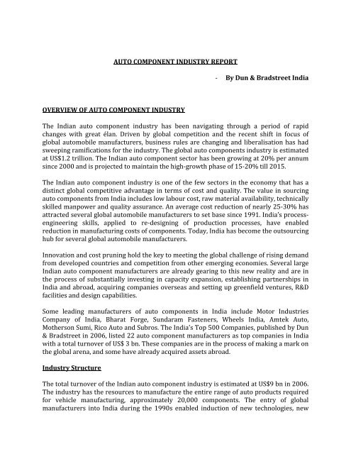 AUTO COMPONENT INDUSTRY REPORT ‐ By Dun & Bradstreet ...