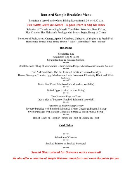 Dun Ard Sample Breakfast Menu - Dún Ard Bed & Breakfast