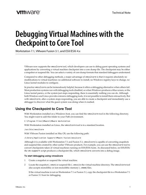 Debugging Virtual Machines with the Checkpoint to Core ... - VMware
