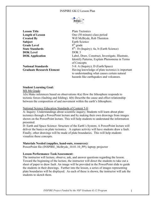 INSPIRE GK12 Lesson Plan 1 Lesson Title Plate Tectonics Length ...