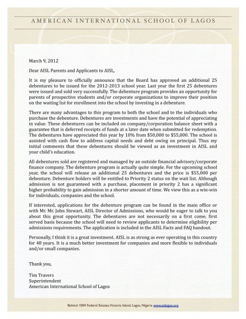 debentures letter-2 - American International School of Lagos