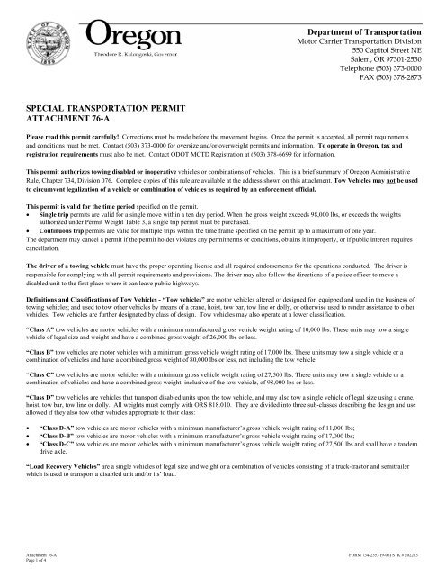 SPECIAL TRANSPORTATION PERMIT ATTACHMENT 76-A ...