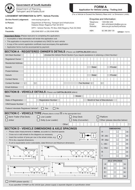 Permit vehicle listing application (Form A) - trailing unit - SA.Gov.au