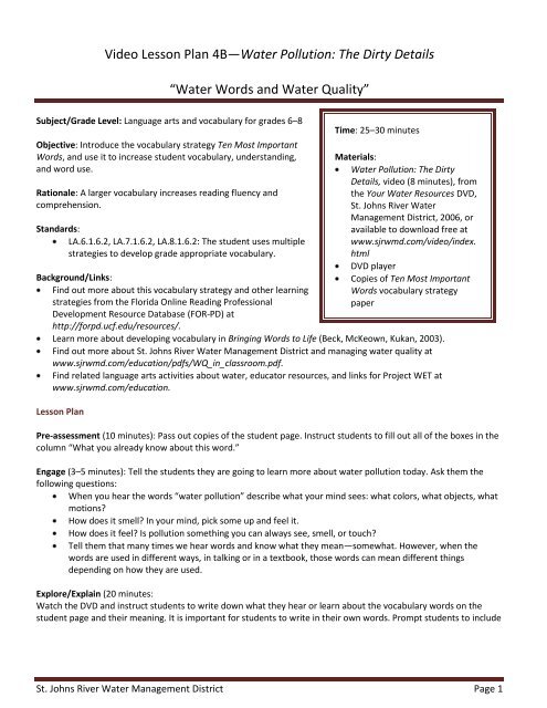 Video Lesson Plan 4B—Water Pollution: The Dirty Details “Water ...