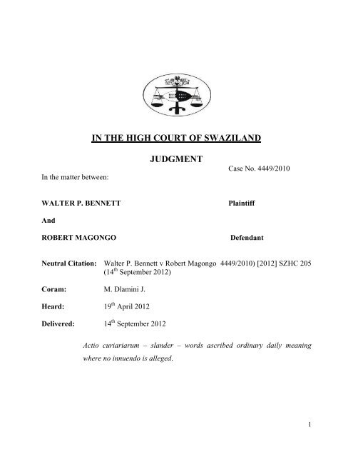 walter bennett v robert magongo case no 4449 - SwaziLII