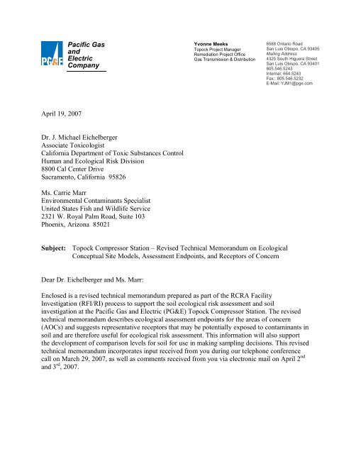 Revised Soil ERA Tech Memo cover letter - topock compressor station