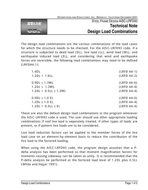 Design Load Combinations Steel Frame Design AISC-LRFD93