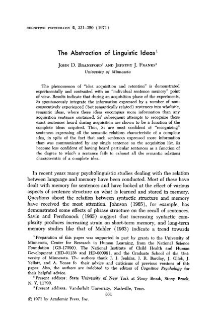 Bransford, J. D., & Franks, J. J. (1971). The abstraction - Homepage ...