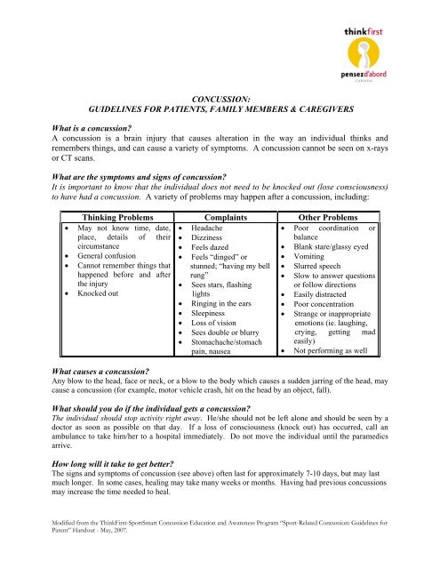 CONCUSSION PARENT HANDOUT - Think First