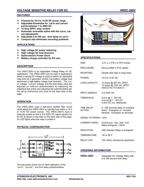 voltage sensitive relay for dc vrdc-200v - Atkinson Electronics Inc