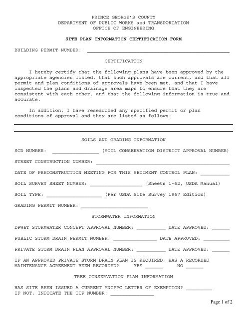 Site Plan Information Certification Form - Prince George's County