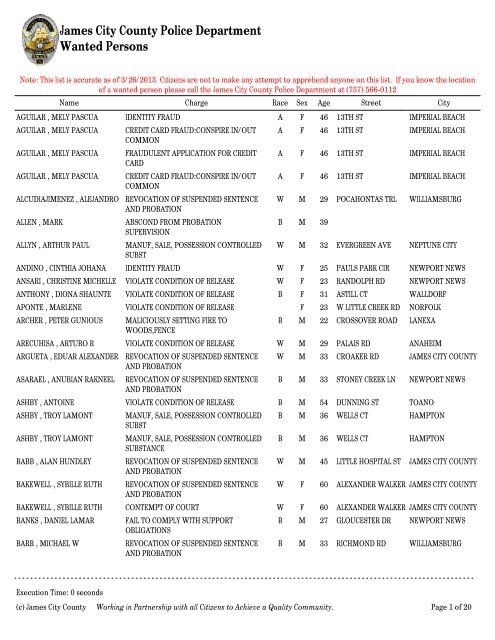 James City County Police Department Wanted Persons