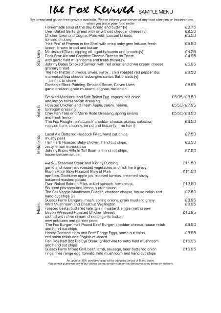The Fox Revived SAMPLE MENU
