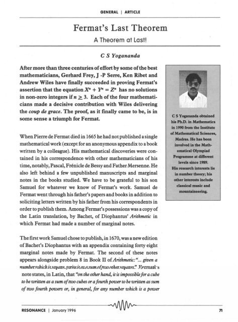 Fermat's Last Theorem - Indian Academy of Sciences