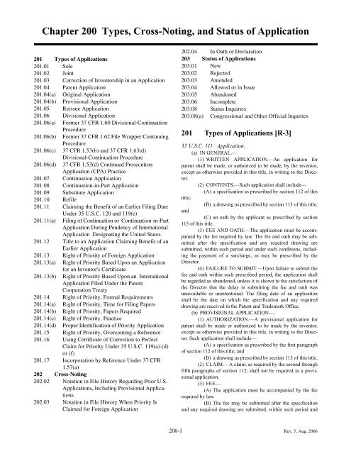 MPEP Chapter 200 - Types, Cross-Noting, and Status of Application