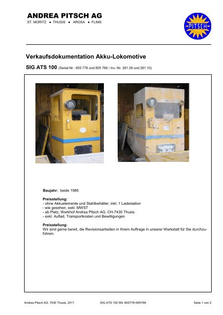Verkaufsdokumentation Akku-Lokomotive - Andrea Pitsch AG