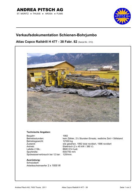 Verkaufsdokumentation Schienen-Bohrjumbo - Andrea Pitsch AG