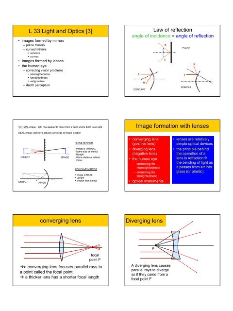 Image Formation With Lenses • Converging Lens