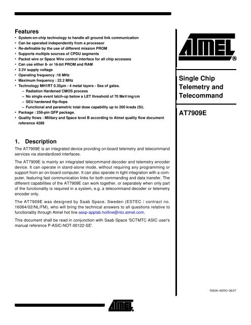 Single Chip Telemetry and Telecommand ... - Atmel Corporation