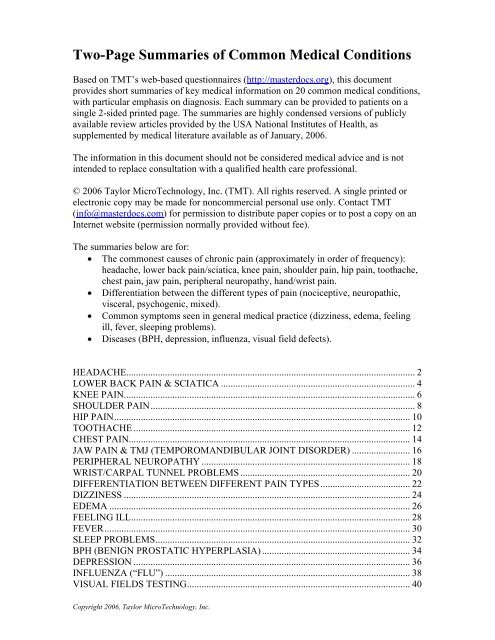 Two-Page Summaries of Common Medical Conditions - TMT Medical