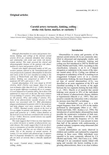 Original articles Carotid artery tortuosity, kinking, coiling : stroke ...