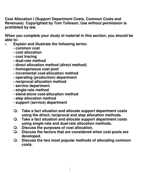 Cost Allocation I (Support Department Costs, Common Costs and ...