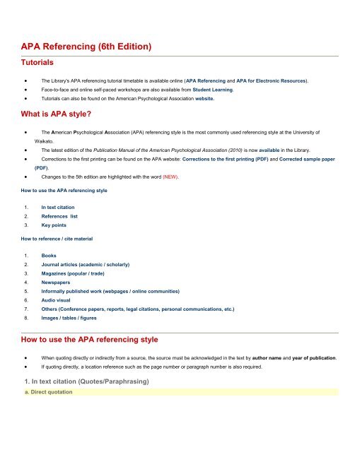 APA Referencing 6th Edition The University Of Waikato