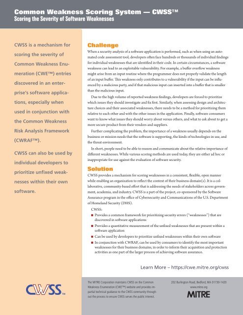 Common Weakness Scoring System (CWSS™); Common ...