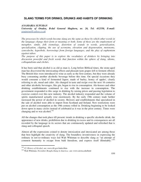 SLANG TERMS FOR DRINKS, DRUNKS AND HABITS OF DRINKING