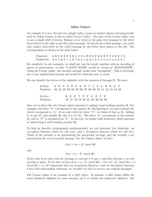 1 Affine Ciphers An example of a very old and very simple cipher ...