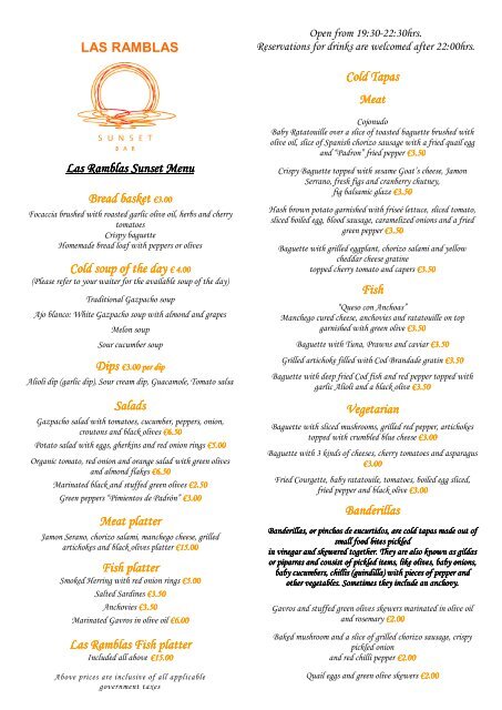 Las Ramblas Tapas Restaurant Menu - Aphrodite Hills