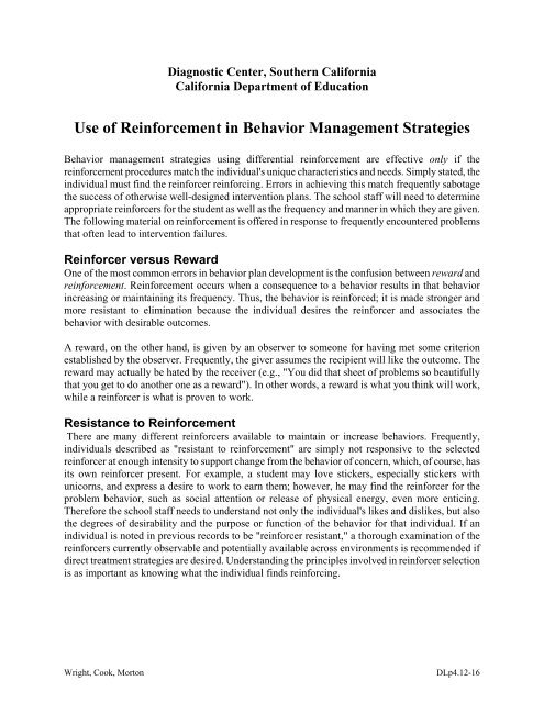 Use of Reinforcement in Behavior Management Strategies - PENT