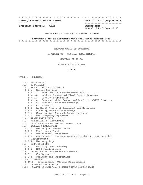 UFGS 01 78 00 Closeout Submittals - The Whole Building Design ...
