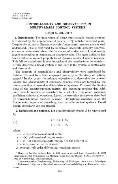 Controllability And Observability In Multivariable Control Systems