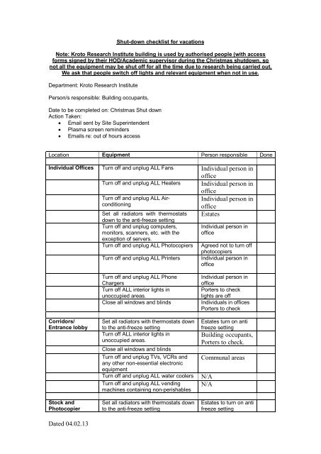 Shut down checklist 2013
