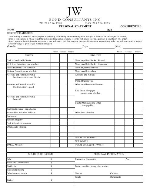 Personal Financial Statement - JW Surety Bonds