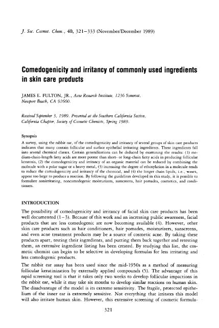 Comedogenicity and irritancy of commonly used ingredients in skin ...