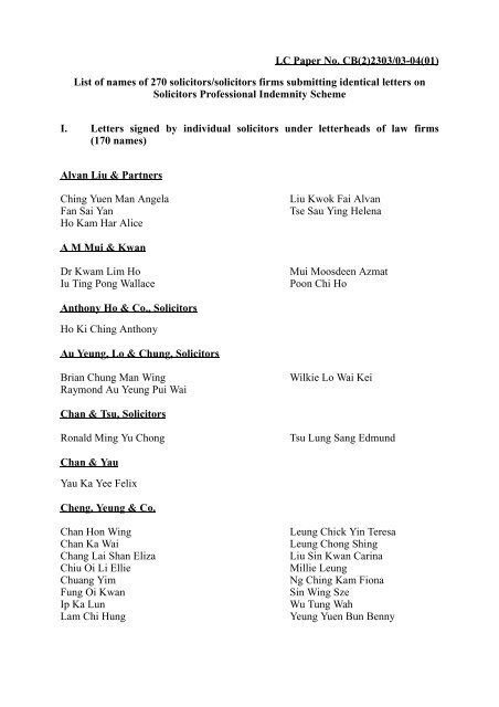 LC Paper No. CB(2)2303/03-04(01) List of names of 270 solicitors ...