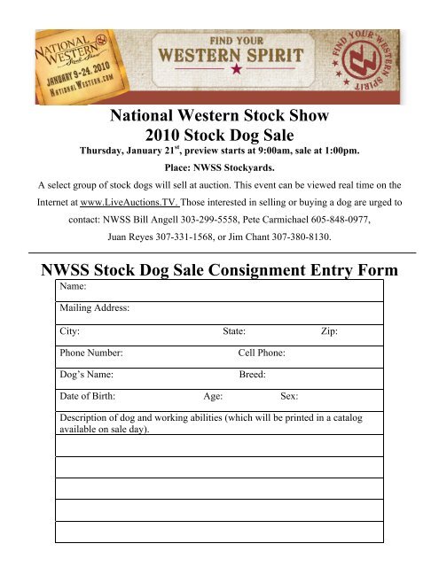 National Western Stock Show Cattle Dog Sale Entry Form 2010