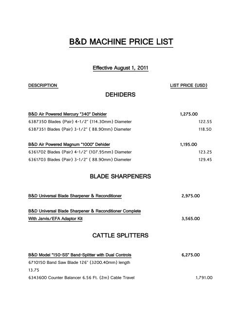 B&D MACHINE PRICE LIST - Best & Donovan