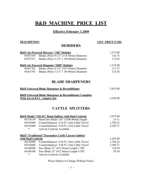 B&D MACHINE PRICE LIST - Best & Donovan
