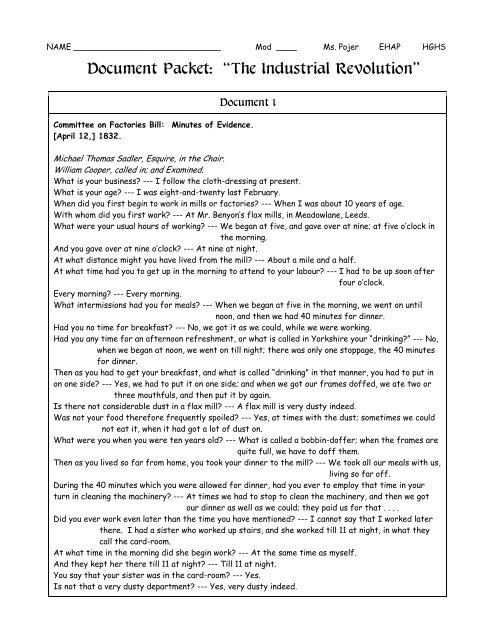 Document Packet: “The Industrial Revolution” - Historyteacher.net