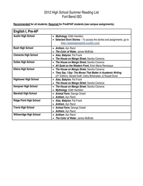High School Reading List - Fort Bend ISD