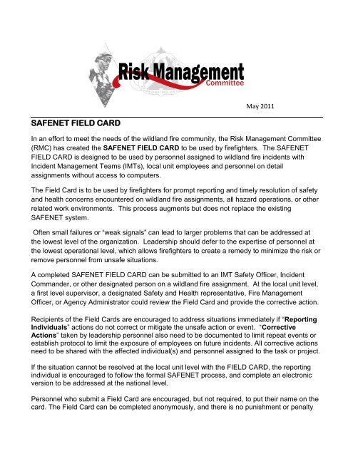 SAFENET Field Card Memo May 2011 - Wildland Fire