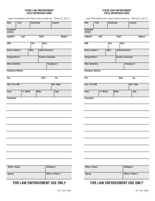 Field Interview Card - Texas Department of Public Safety