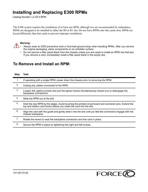 Installing and Replacing E300 RPMs - Force10 Networks